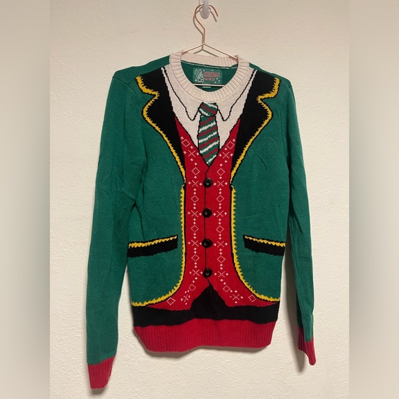 Ugly Christmas Sweater | Sweaters | Ugly Holiday Sweater Mens Fake Suit Look Green Sweater Crew ...